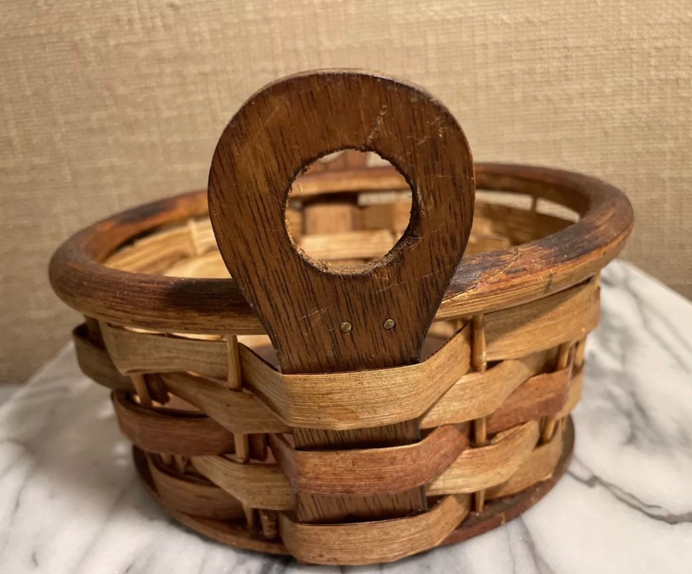 Vintage Primitive Split Wood Basket Wooden Base Rim Handles *great ...