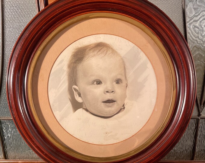 Vintage Baby Picture in A Round Wood Frame Happy Baby Lovely Frame - Etsy