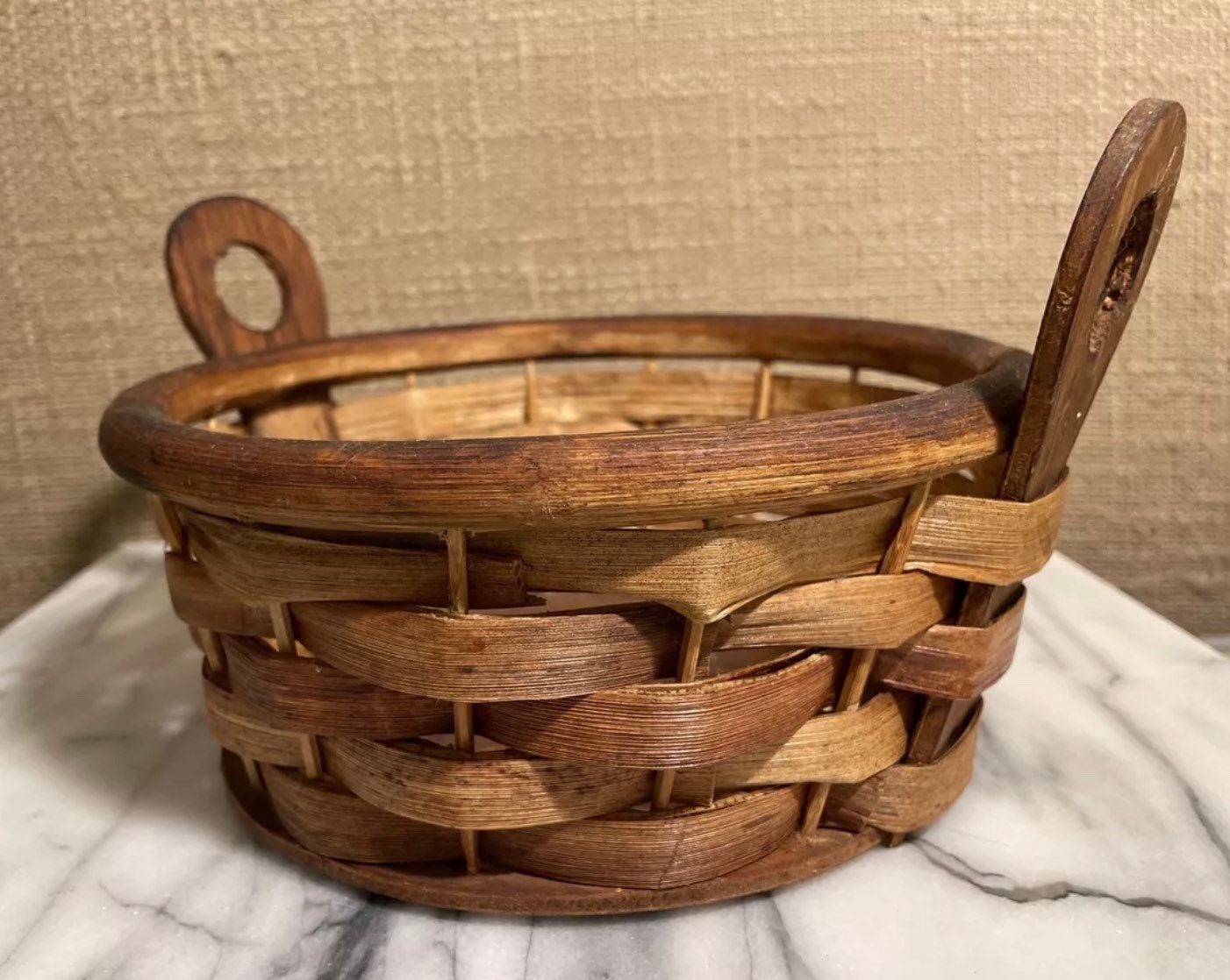 Vintage Primitive Split Wood Basket Wooden Base Rim Handles *great ...
