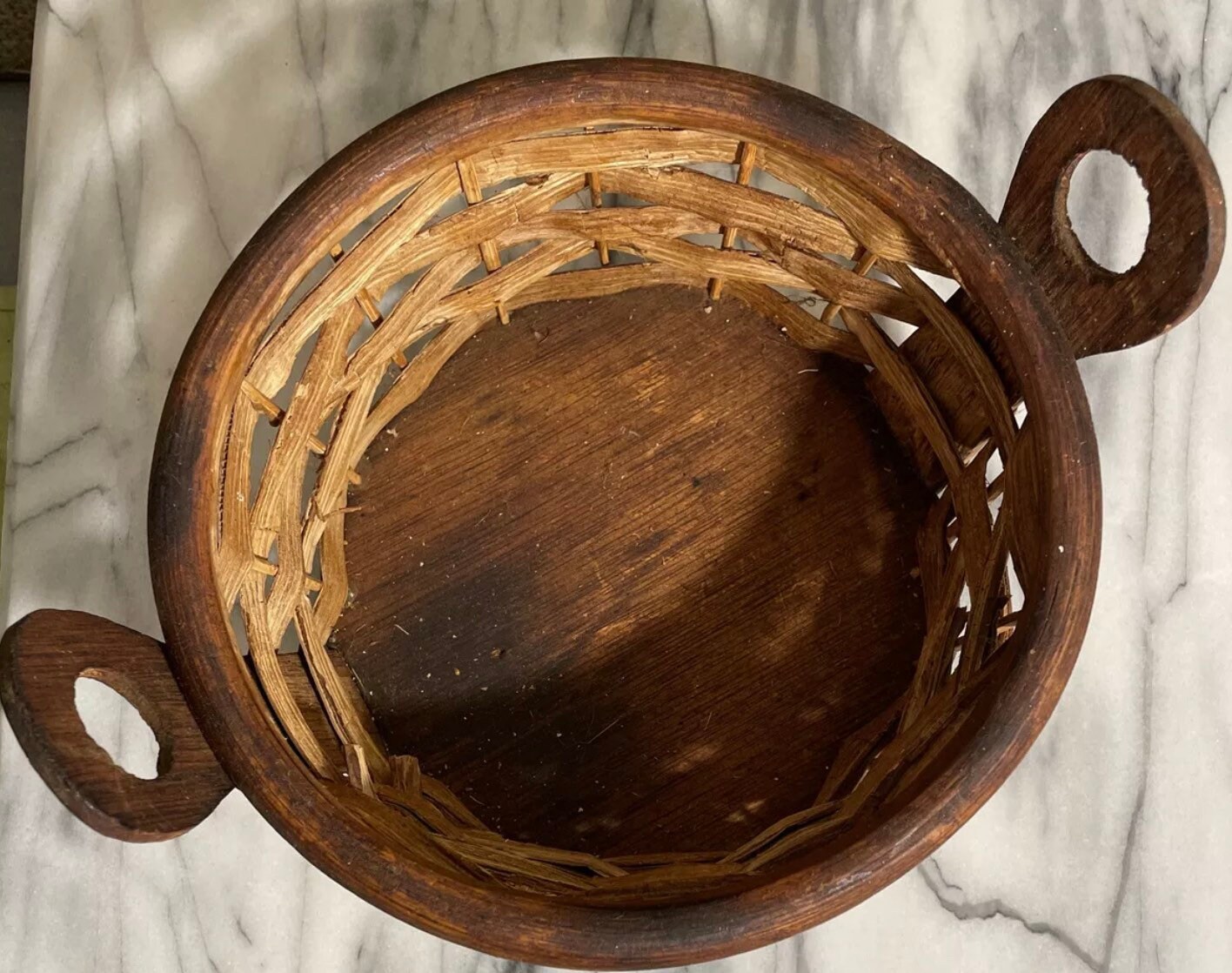 Vintage Primitive Split Wood Basket Wooden Base Rim Handles *great ...