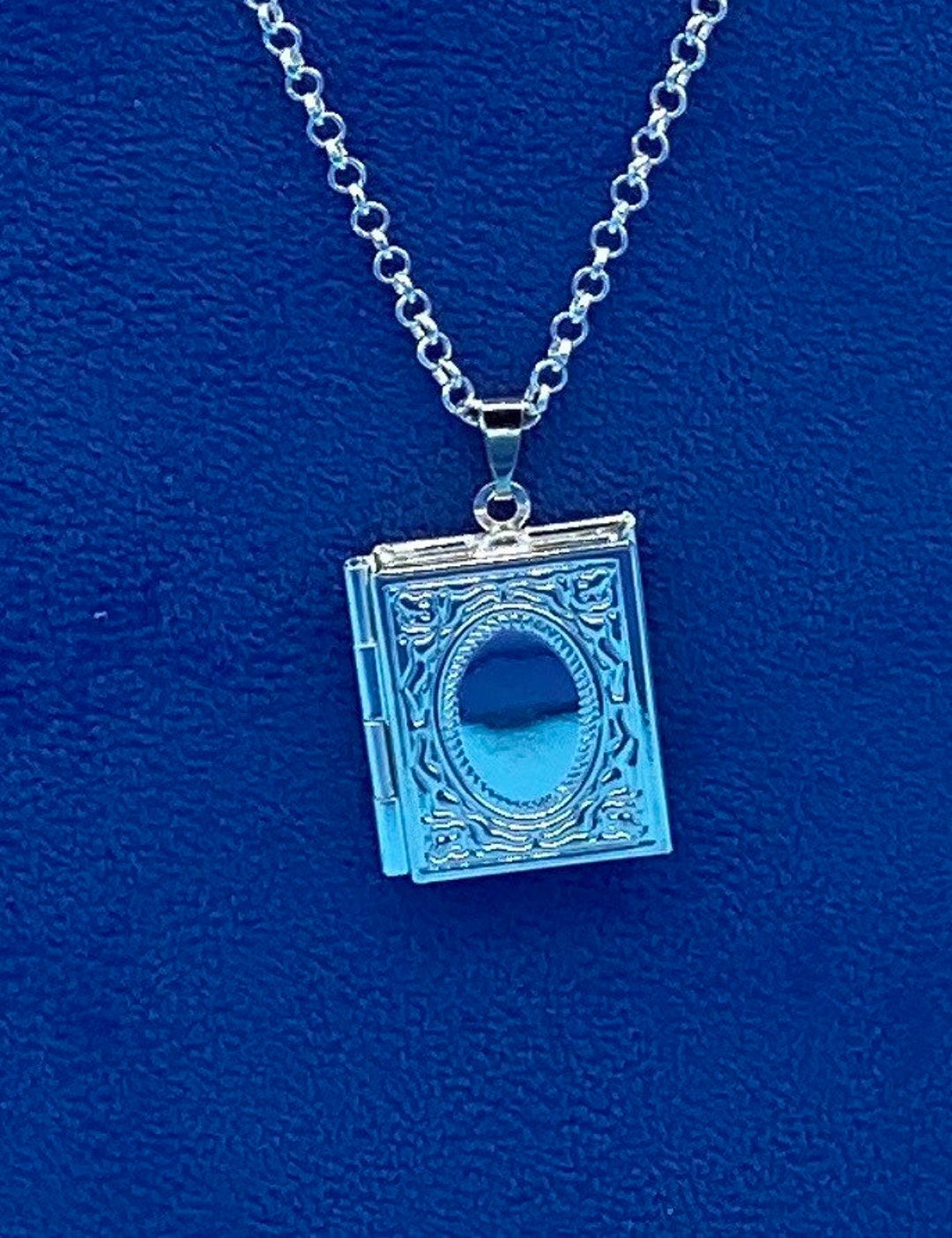 Small Silver Book Style Locket With Detailed Engraved Cover Complete ...