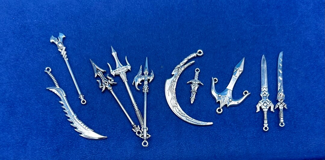 Large Silver Fantasy and Gaming Weapons Set No 2 Charms Pendants Set of ...