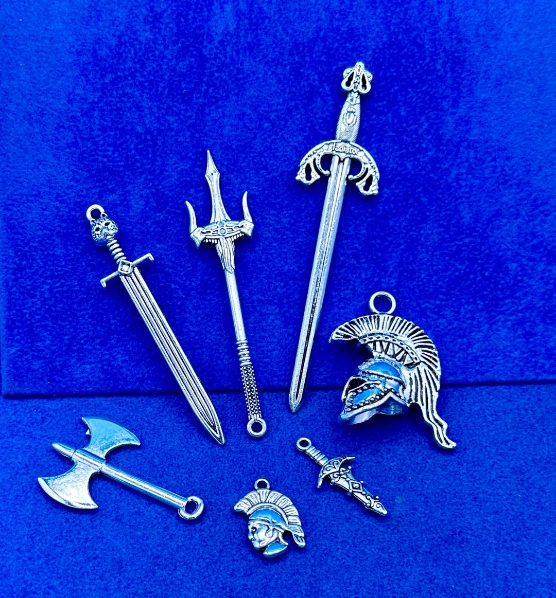 Silver Gladiator & Roman Set of Warrior Fantasy Weapons Charm Pendants ...