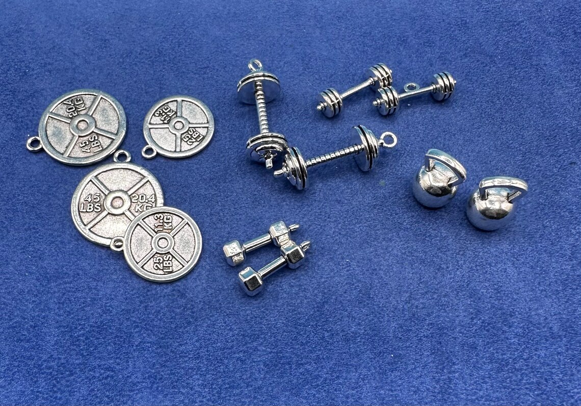 Silver Gym Weight Lifting Fitness Equipment Charms Pendants - Set of ...