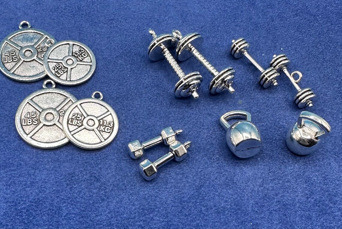 Silver Gym Weight Lifting Fitness Equipment Charms Pendants - Set of ...