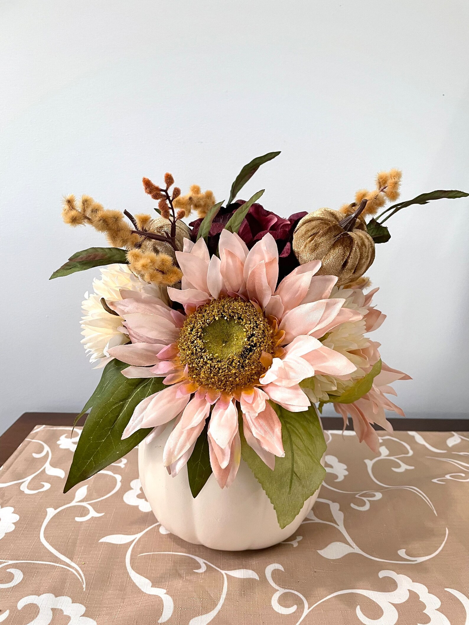 White Pumpkin Table Centerpiece, Velvet Pumpkin Fall Table Decor ...