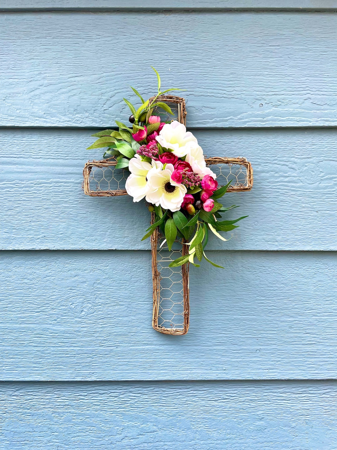 Easter Cross Wreath, Spring Chicken Wire Cross, Cross Door Hanger ...