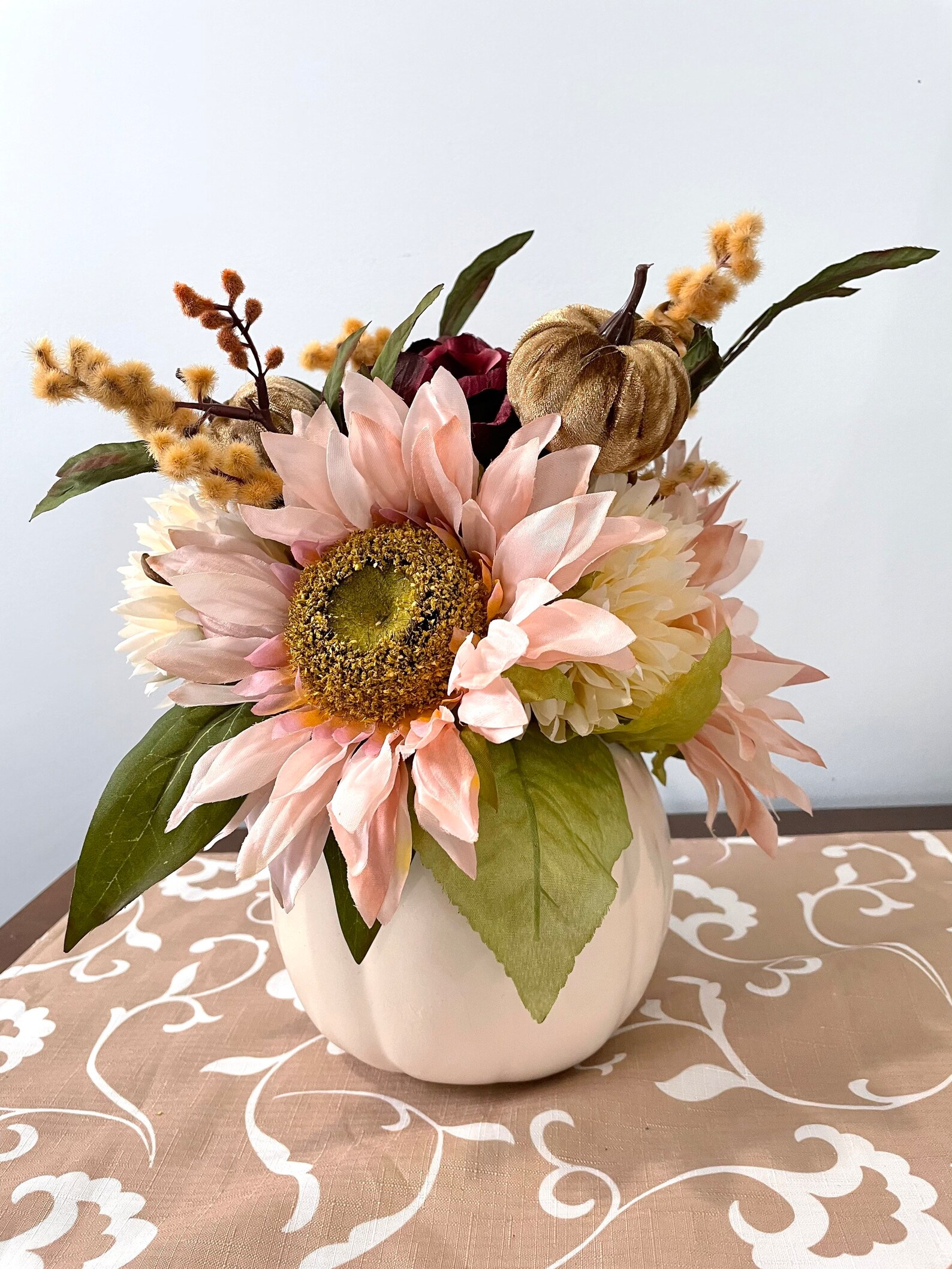 White Pumpkin Table Centerpiece, Velvet Pumpkin Fall Table Decor ...