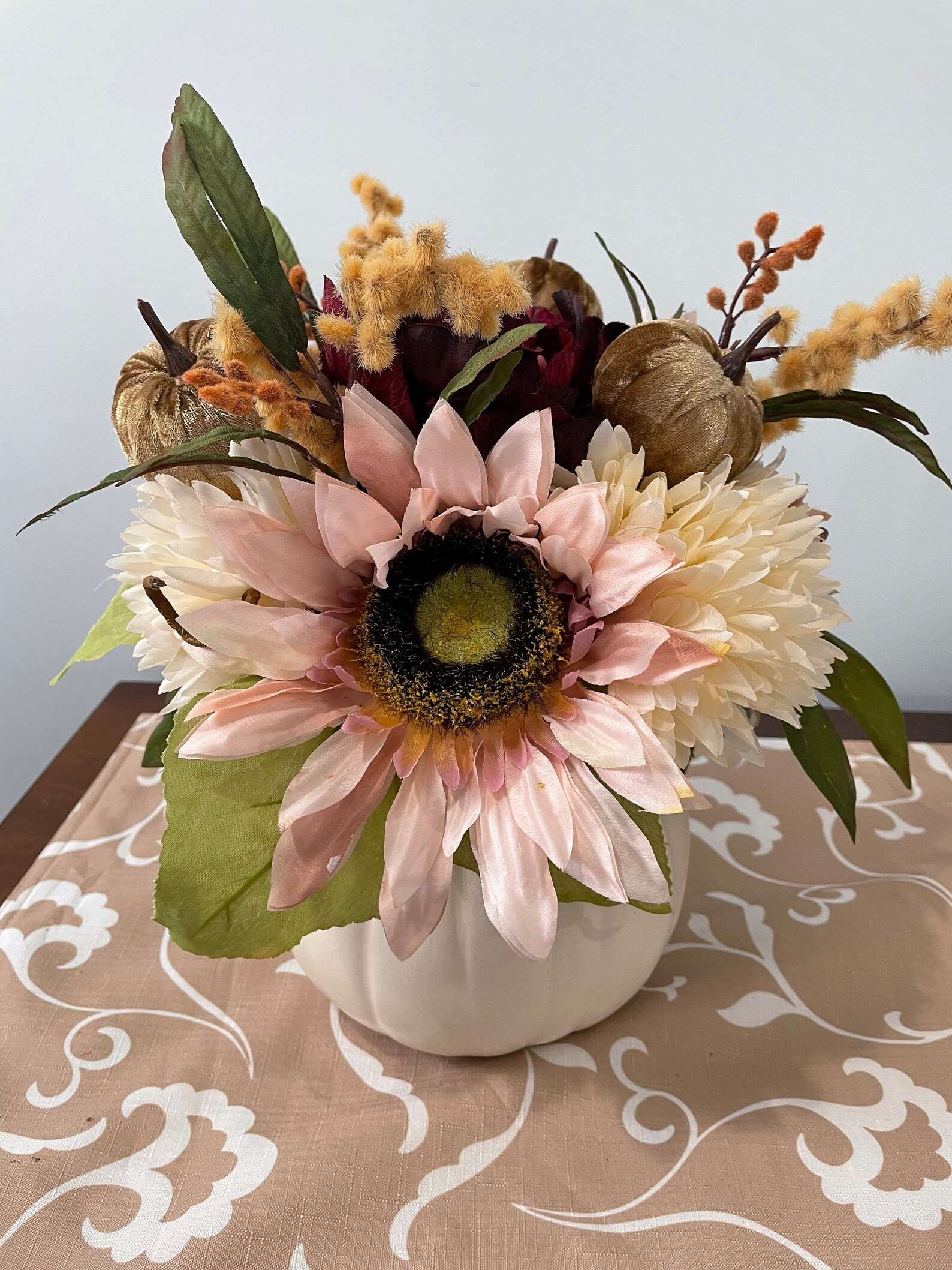 White Pumpkin Table Centerpiece, Velvet Pumpkin Fall Table Decor ...