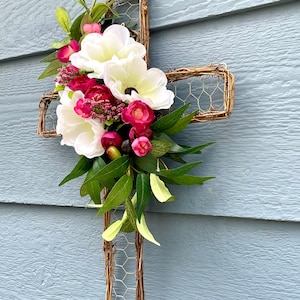 Easter Cross Wreath, Spring Chicken Wire Cross, Cross Door Hanger ...