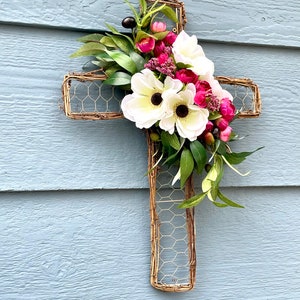 Easter Cross Wreath, Spring Chicken Wire Cross, Cross Door Hanger ...