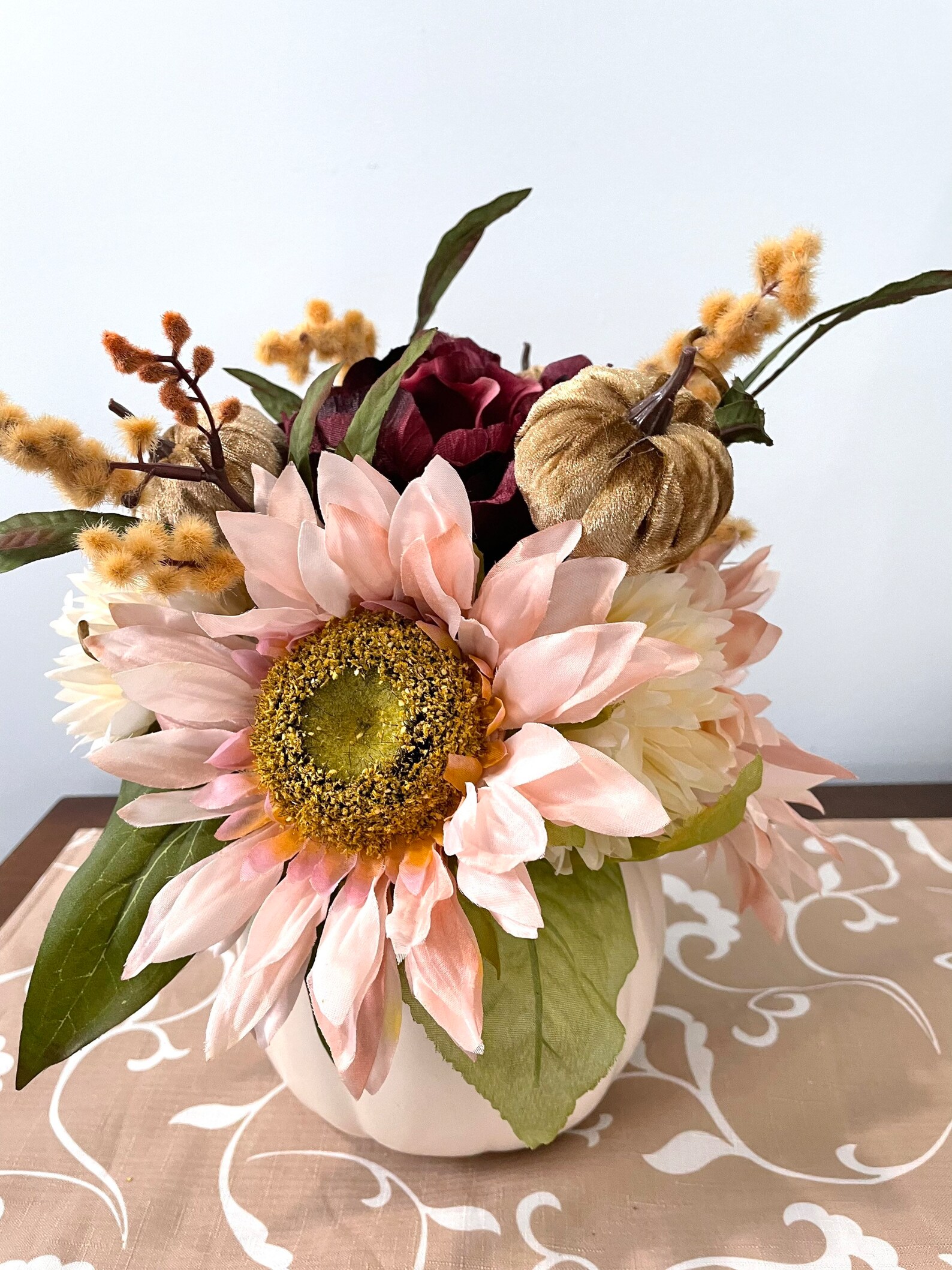 White Pumpkin Table Centerpiece, Velvet Pumpkin Fall Table Decor ...