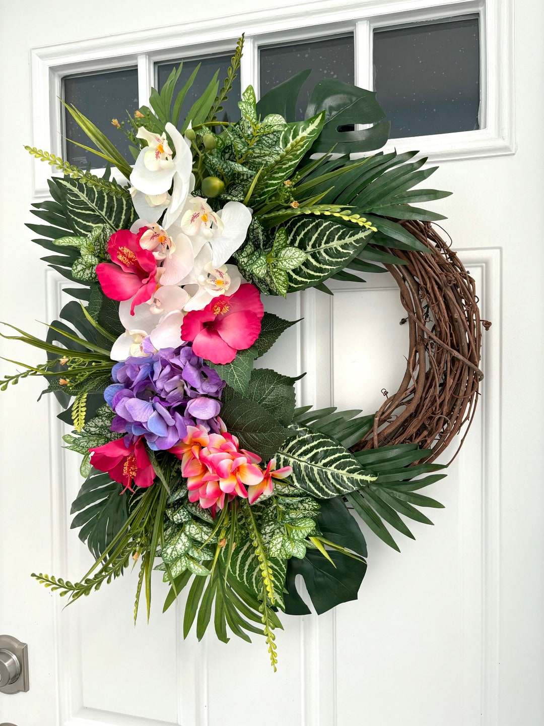 Tropical Orchid Summer Wreath for Front Door, Plumeria Wreath, Hawaiian ...
