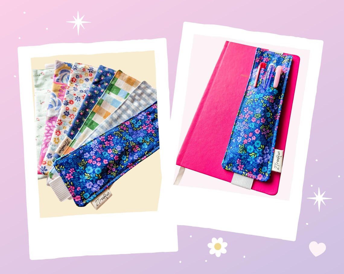Floral Blue and Pink Fabric Pen Holder, Elastic Bookmark, for Notebooks ...