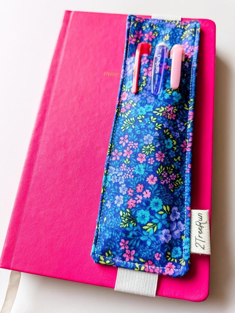 Floral Blue and Pink Fabric Pen Holder, Elastic Bookmark, for Notebooks ...