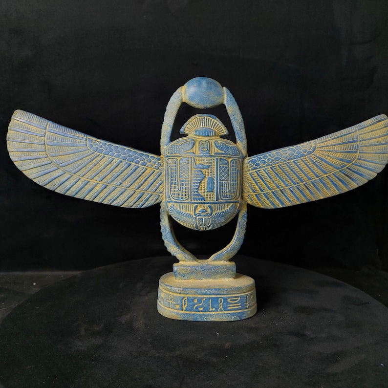 Vintage Egyptian Handmade Winged Scarab khepri Altar Statue Holding Sun ...