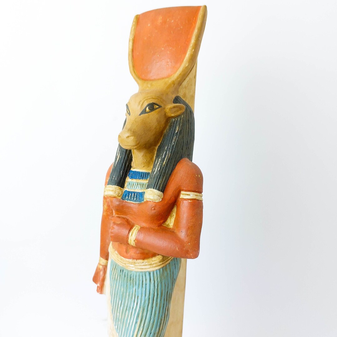 Hathor Cow Head Statue With Sun Disk - Hand Carved and Colorful ...