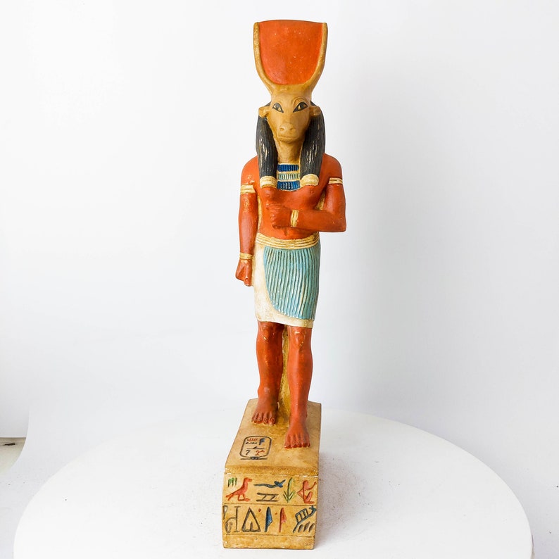 Hathor Cow Head Statue With Sun Disk - Hand Carved and Colorful ...