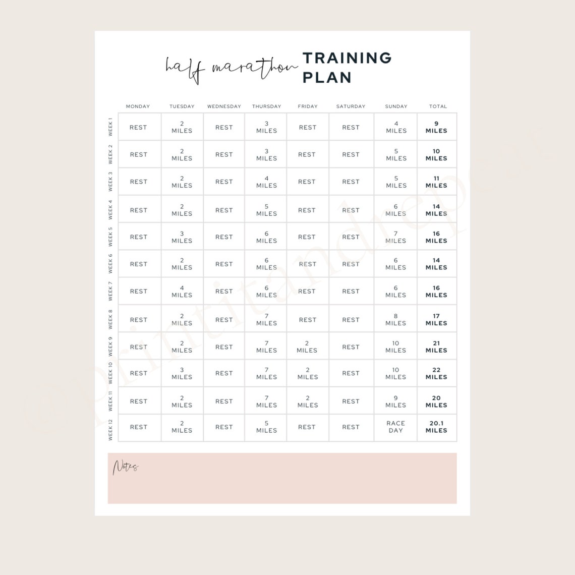 Half Marathon Training Plan Printable Bundle, Letter Size Training Plan for Half Marathons ...