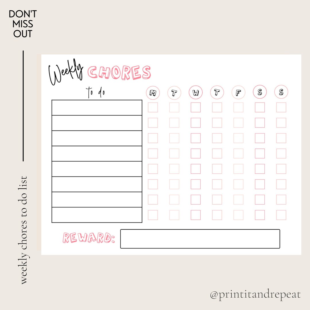 Pink Weekly Chores to Do List Printable, Kids Weekly Chore List, Fun ...
