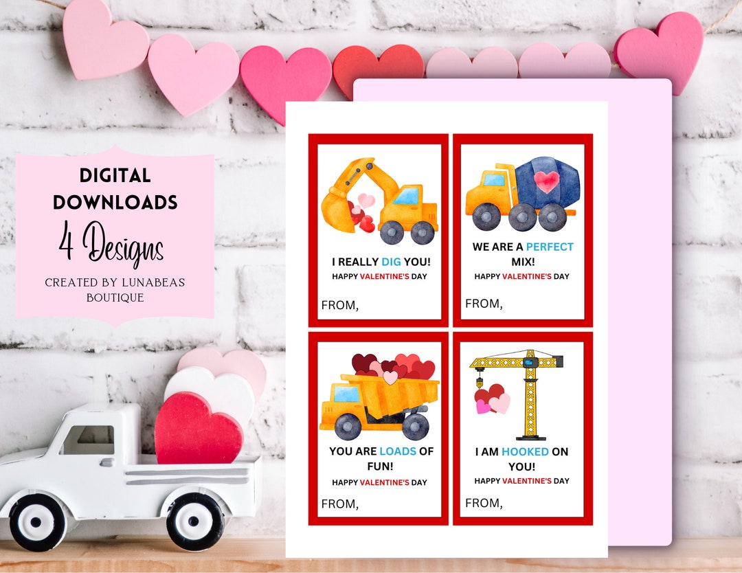 Construction Themed Valentine's Day Cards, Instant Download for Boys ...