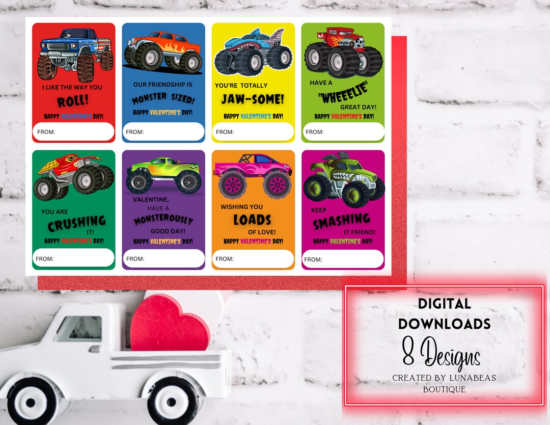 Monster Truck Themed Valentine Cards, Valentine Tags, School Valentines ...
