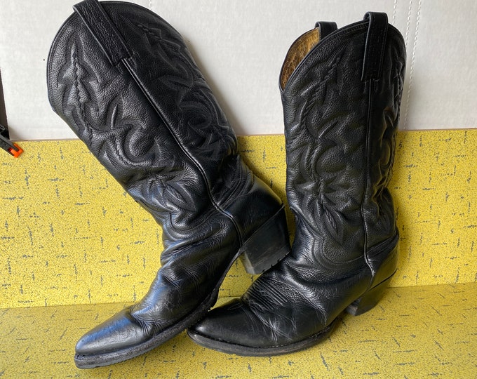 Vintage MEZCALERO Mexican Western BOOTS - Black Tooled Leather ...