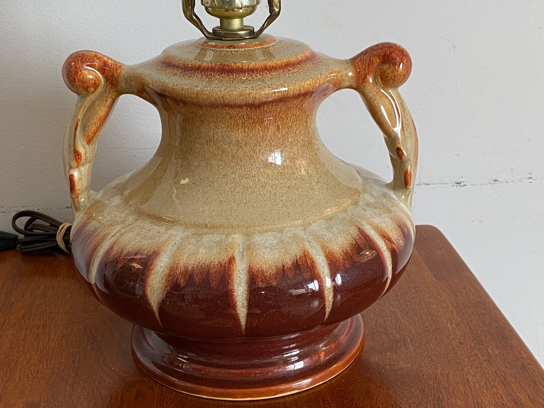 MCM Electric Table Lamp Amphora Shape W/ 2 Handles White Cream Browns ...