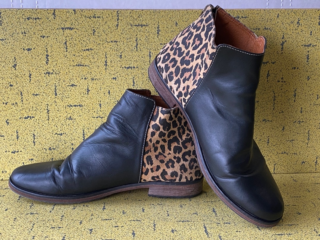 Womens HAND MADE Ankle Boots Black & Leopard Leather Low Heel Leather Lined Cushion Insoles Rear ...