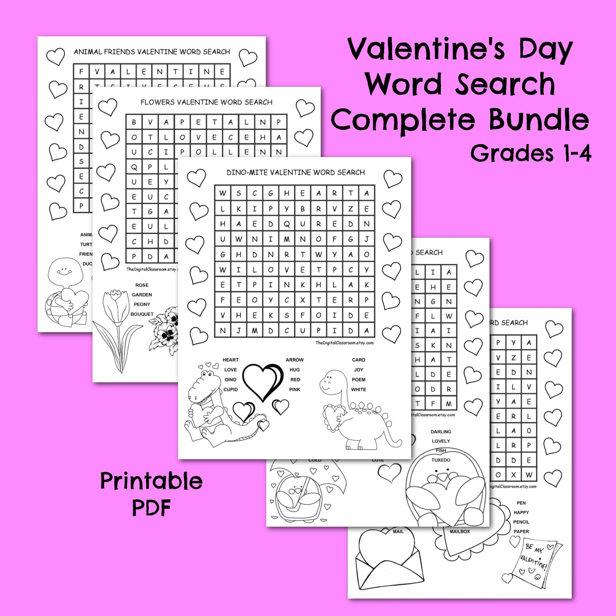 Valentine's Day Word Search COMPLETE BUNDLE Grades 1-4 - Etsy