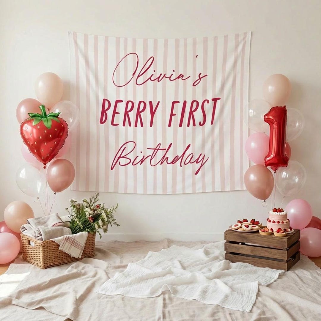Personalized Berry First Birthday Banner, Strawberry Theme Sign, Custom ...