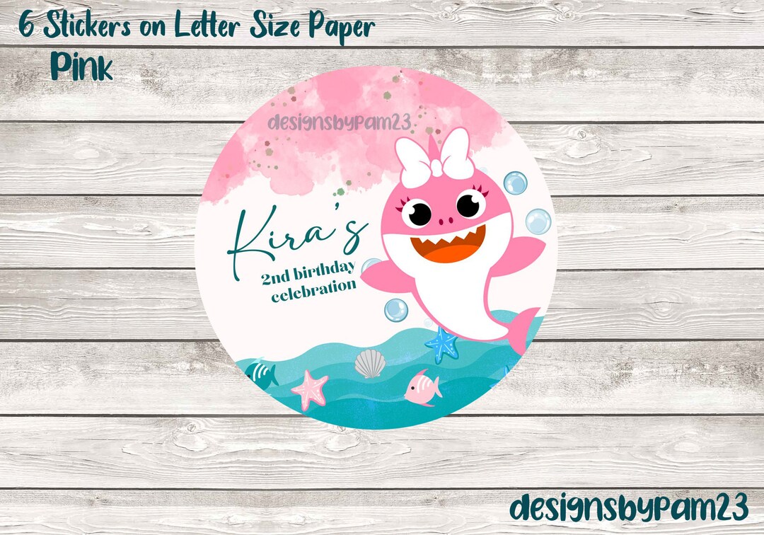 Shark Digital Birthday Stickers, 6 Stickers on Letter Size Paper. Pink ...