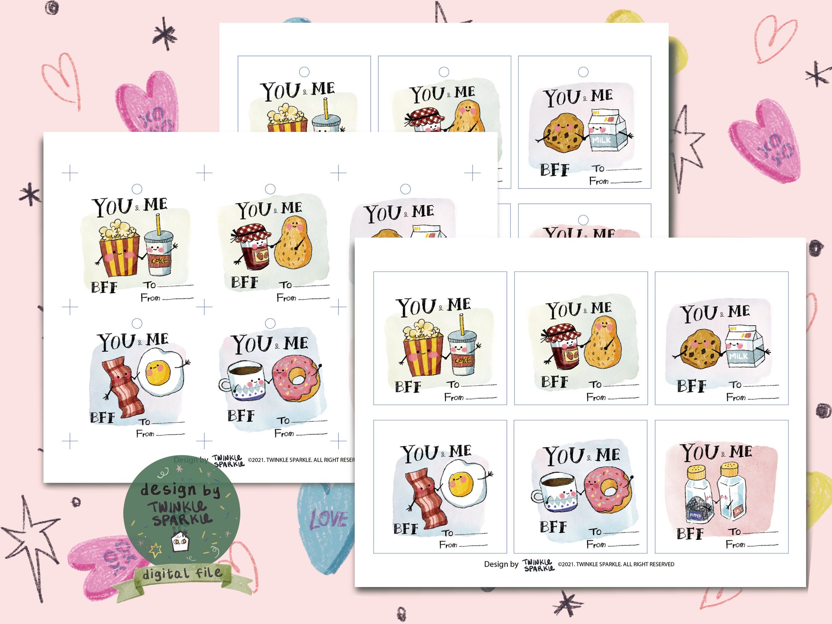 Printable Cute Best Friends Valentine's Tags, Cartoon Couples Holiday ...