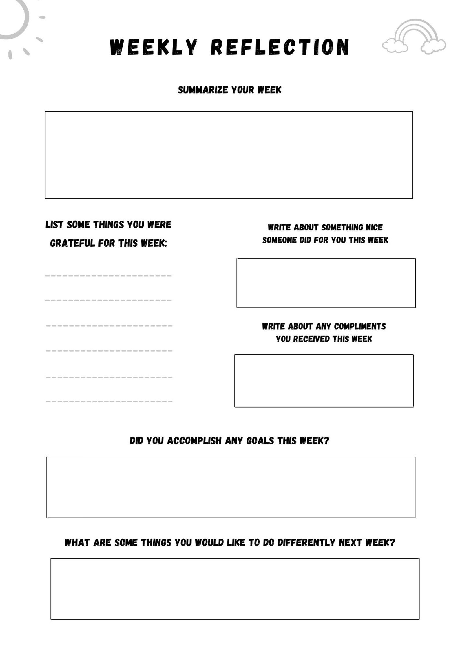 Weekly Reflection Worksheet Week Planner Self Reflection Etsy