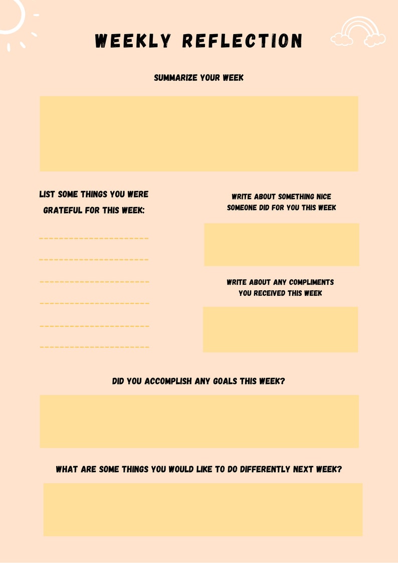 Weekly Reflection Worksheet Week Planner Self Reflection Etsy