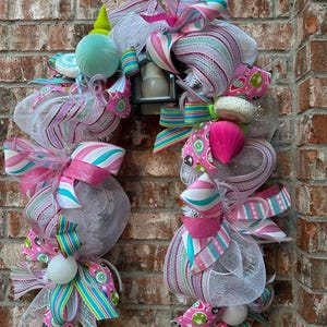 Christmas Candyland Garland, Flocked Ornaments Pink and White Garland ...