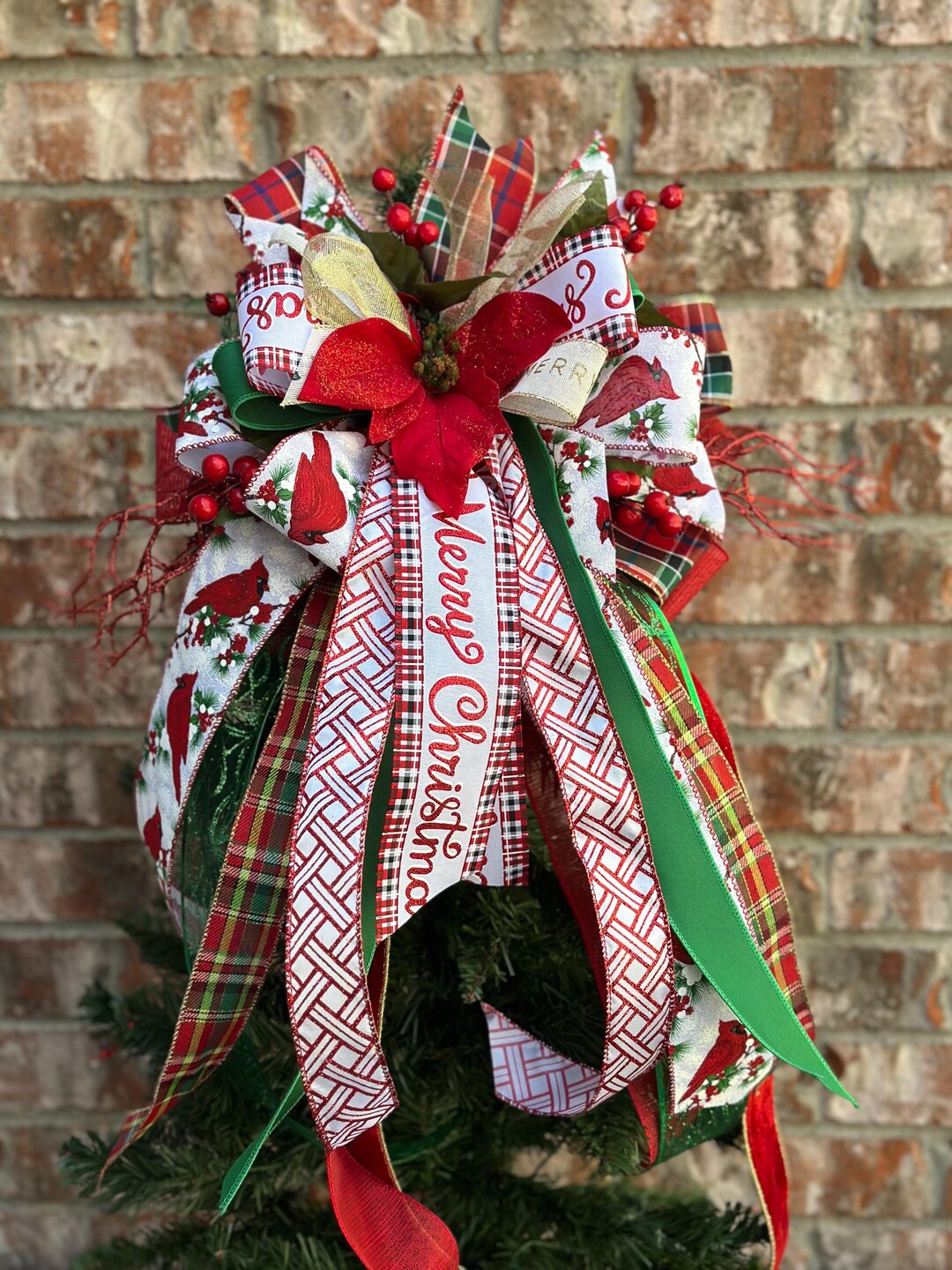 Red Cardinal Christmas Tree Topper, Poinsettia Christmas Bow, Tree ...