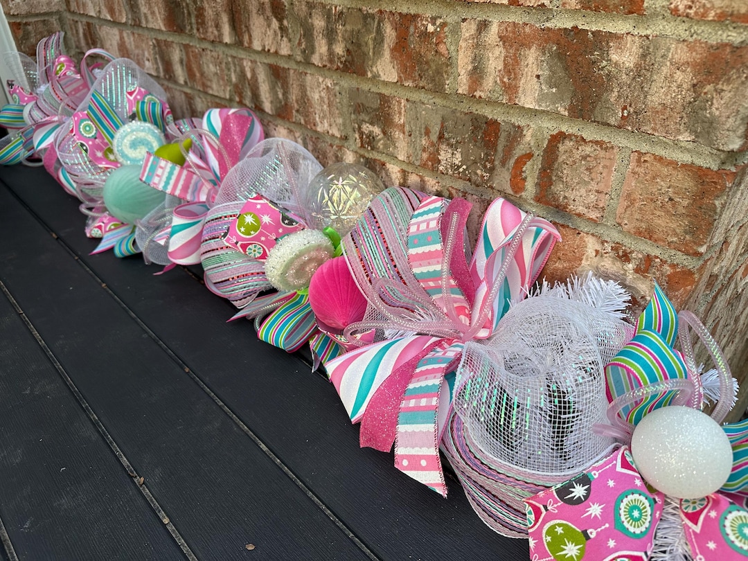 Christmas Candyland Garland, Flocked Ornaments Pink and White Garland ...
