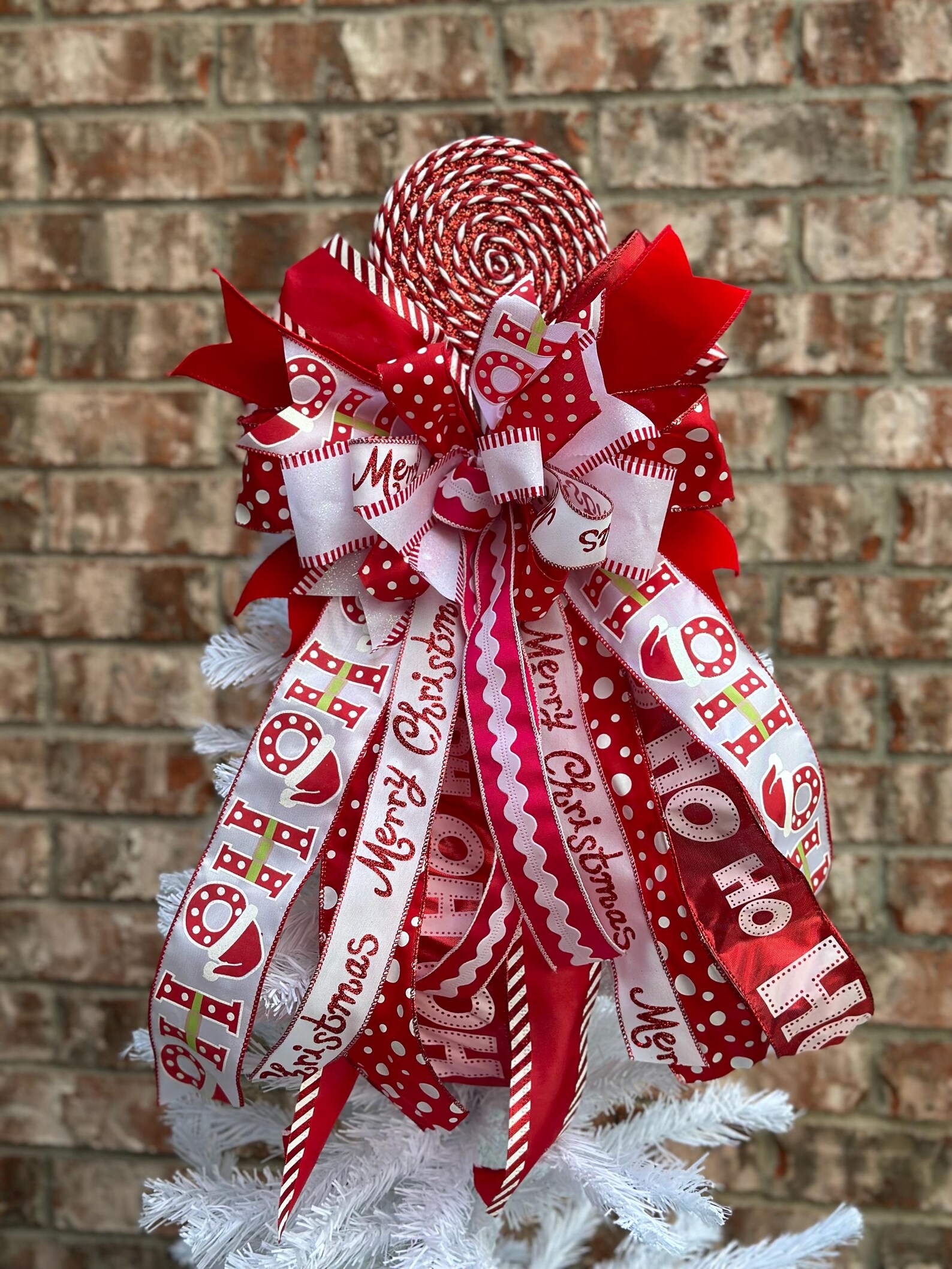 Red and White Lollipop Christmas Tree Topper, Christmas Bow, Tree ...