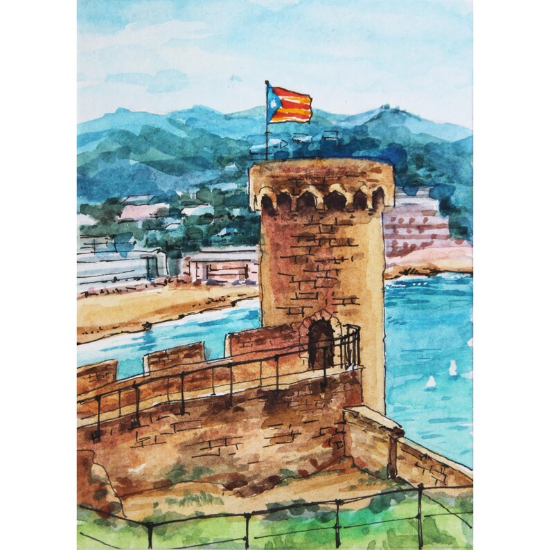 Tossa De Mar Tower Original Watercolor Painting: Costa Brava ACEO Art ...