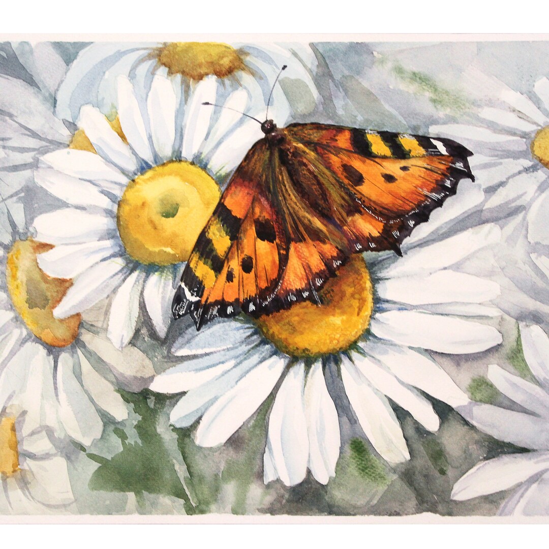 Butterfly in Daisies Field Butterfly Original Watercolor Camomile in ...