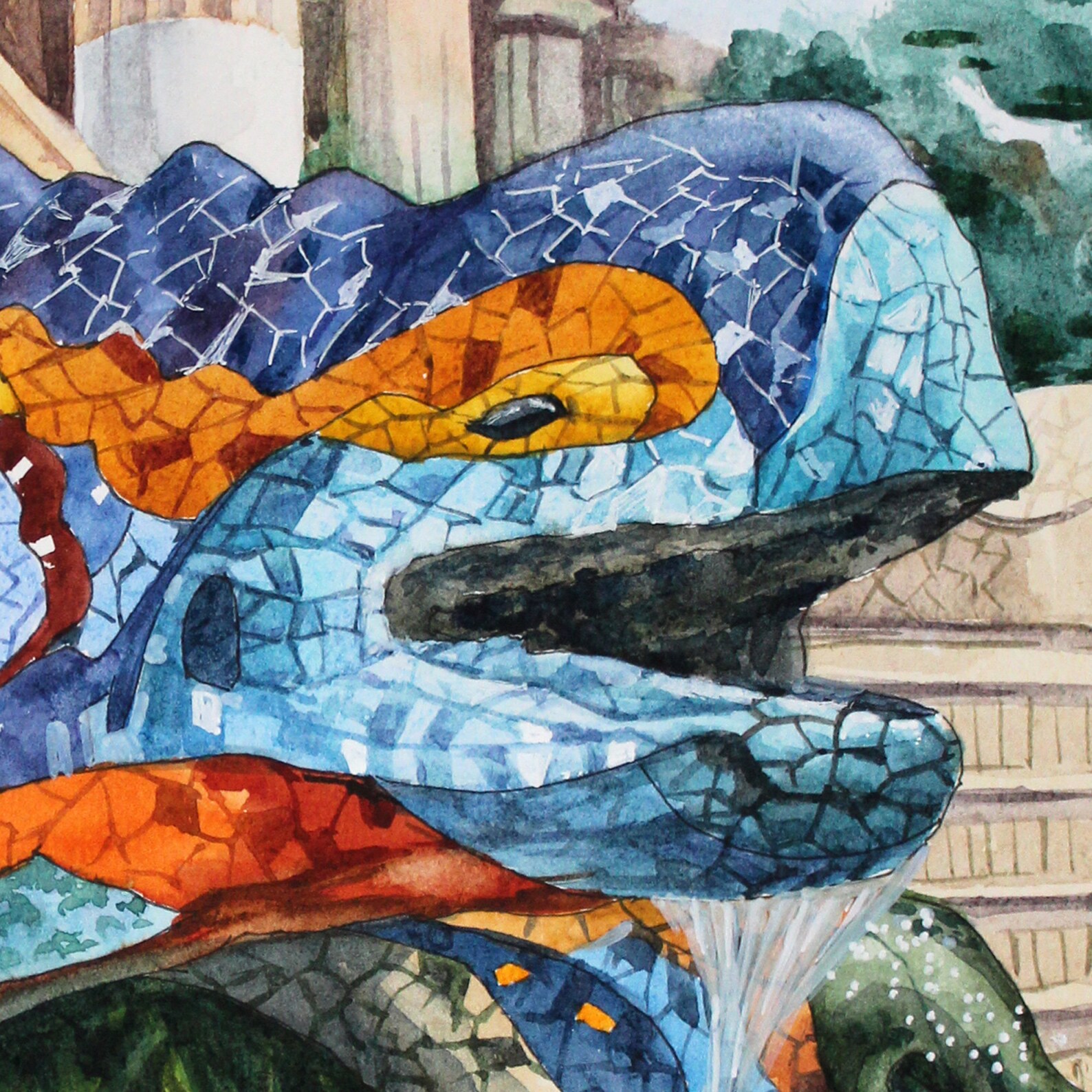 Salamander Park Guell Watercolor Antoni Gaudi Sculpture Spanish ...