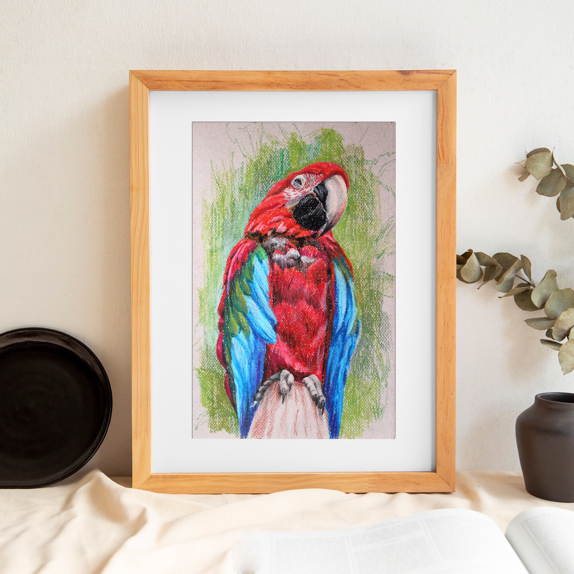 Ara Parrot Oil Pastel Original Drawing: Tropical Bird Portrait (8.1x12 ...