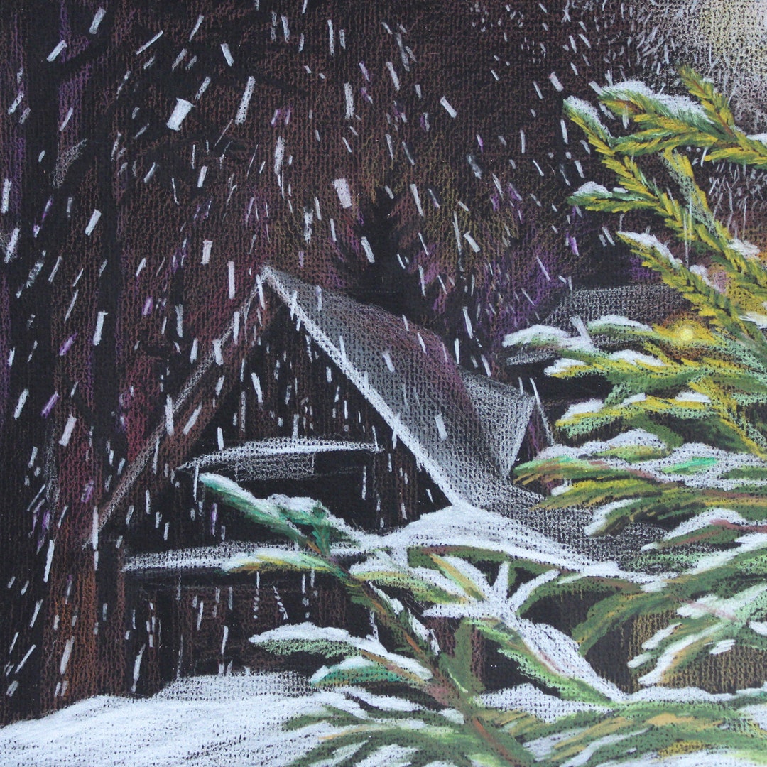 Winter Night Landscape House in Snowfall Color Pencils Original Drawing ...