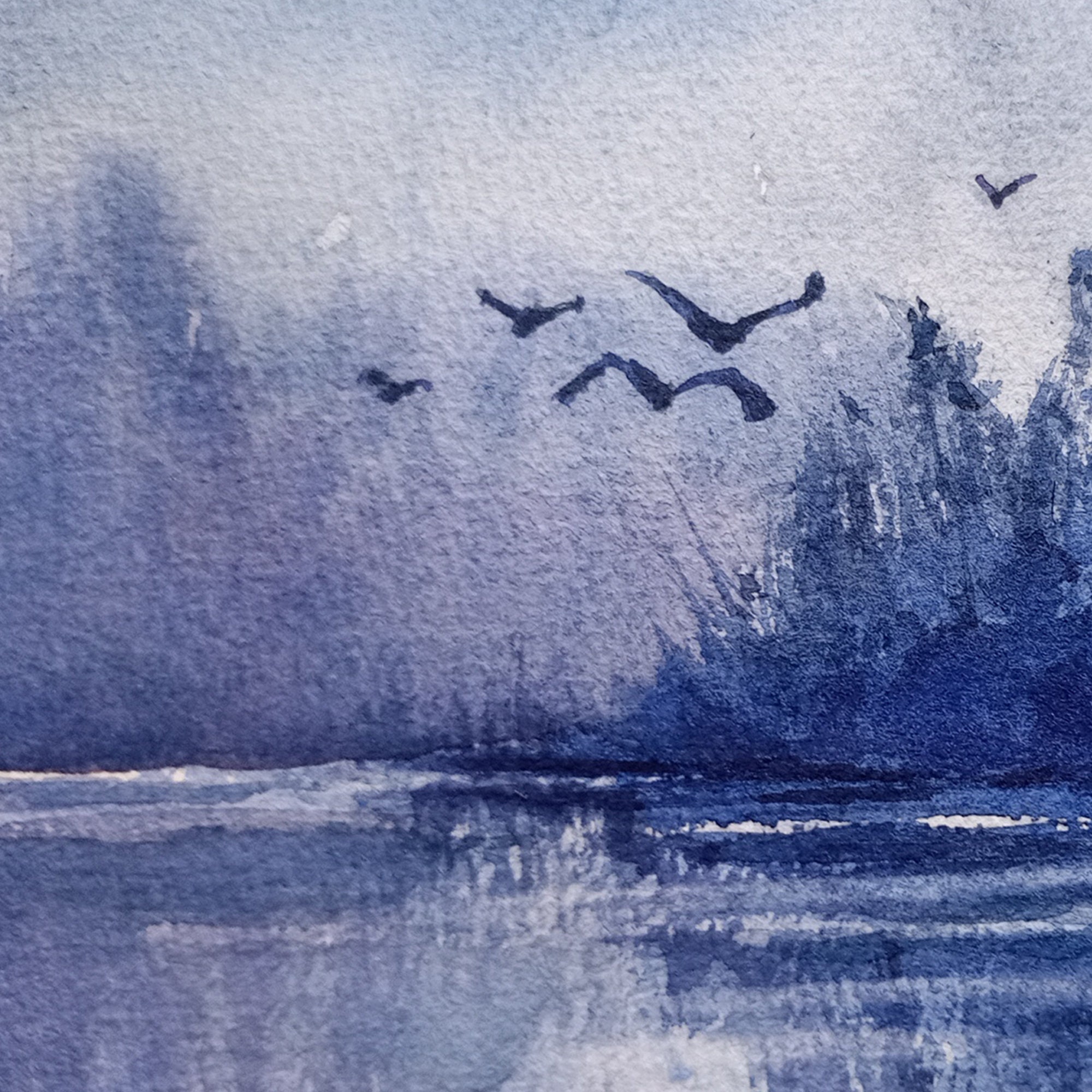 Lake Watercolor Original Night Landscape Painting Monochrome - Etsy
