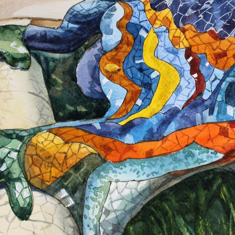 Salamander Park Guell Watercolor Antoni Gaudi Sculpture Spanish ...