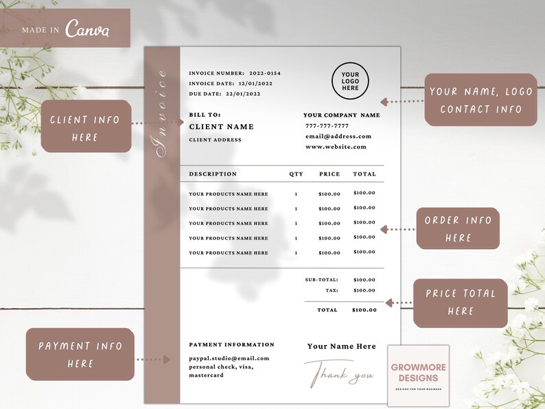 BOHO Design Invoice Template Canva Editable 5x7 A4 Letter | Etsy