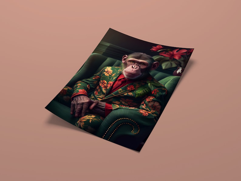 Digital Anthropomorphic Monkey Portrait Print Wall Art Poster, Primate ...