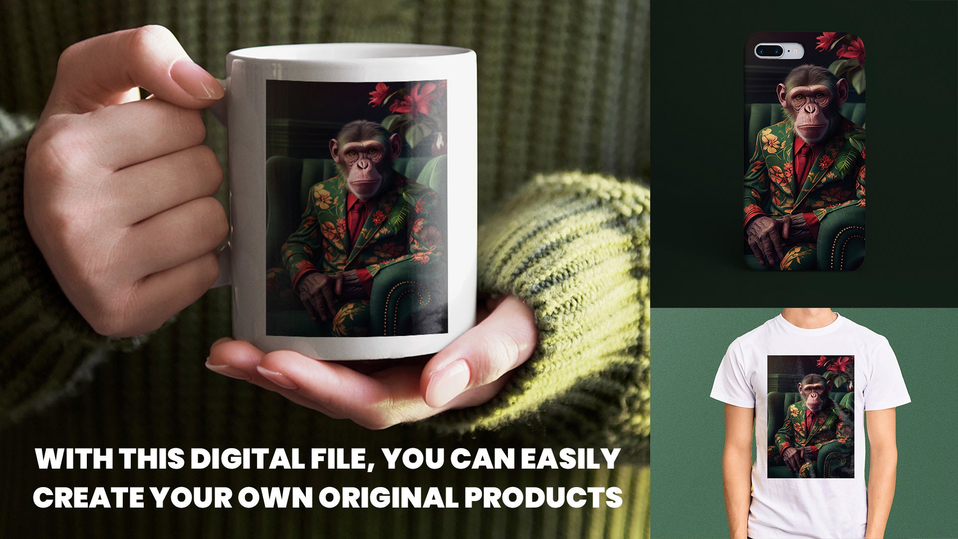 Digital Anthropomorphic Monkey Portrait Print Wall Art Poster, Primate ...