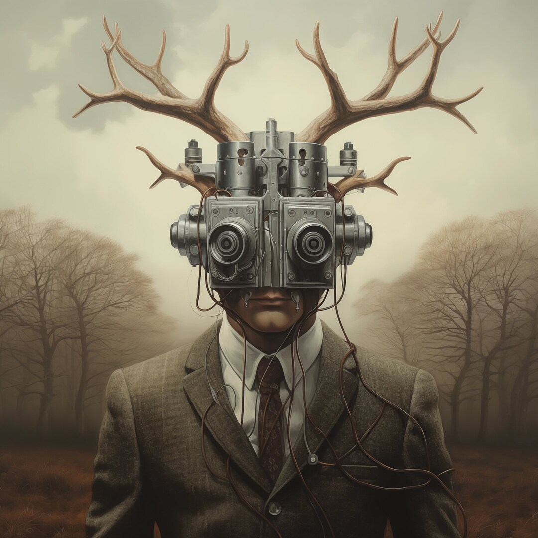 Cyborg Antlers Deer Humanized Print Art, Anthropomorphic Art Print Stag ...